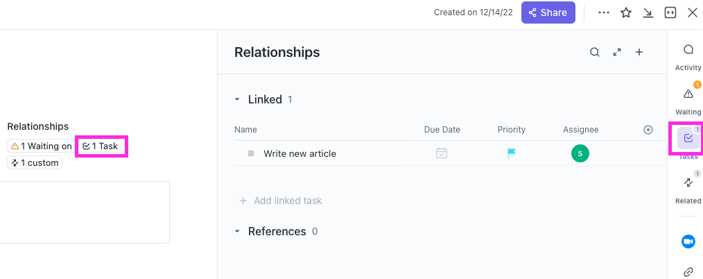 Create and view Reference Relationships – ClickUp Help