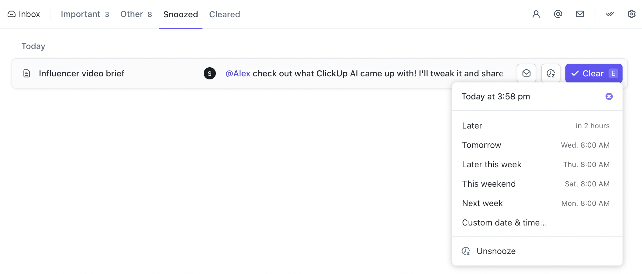 Snooze Inbox notifications – ClickUp Help
