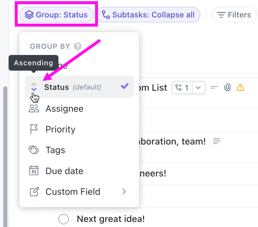 Reverse status order in Task views – ClickUp Help