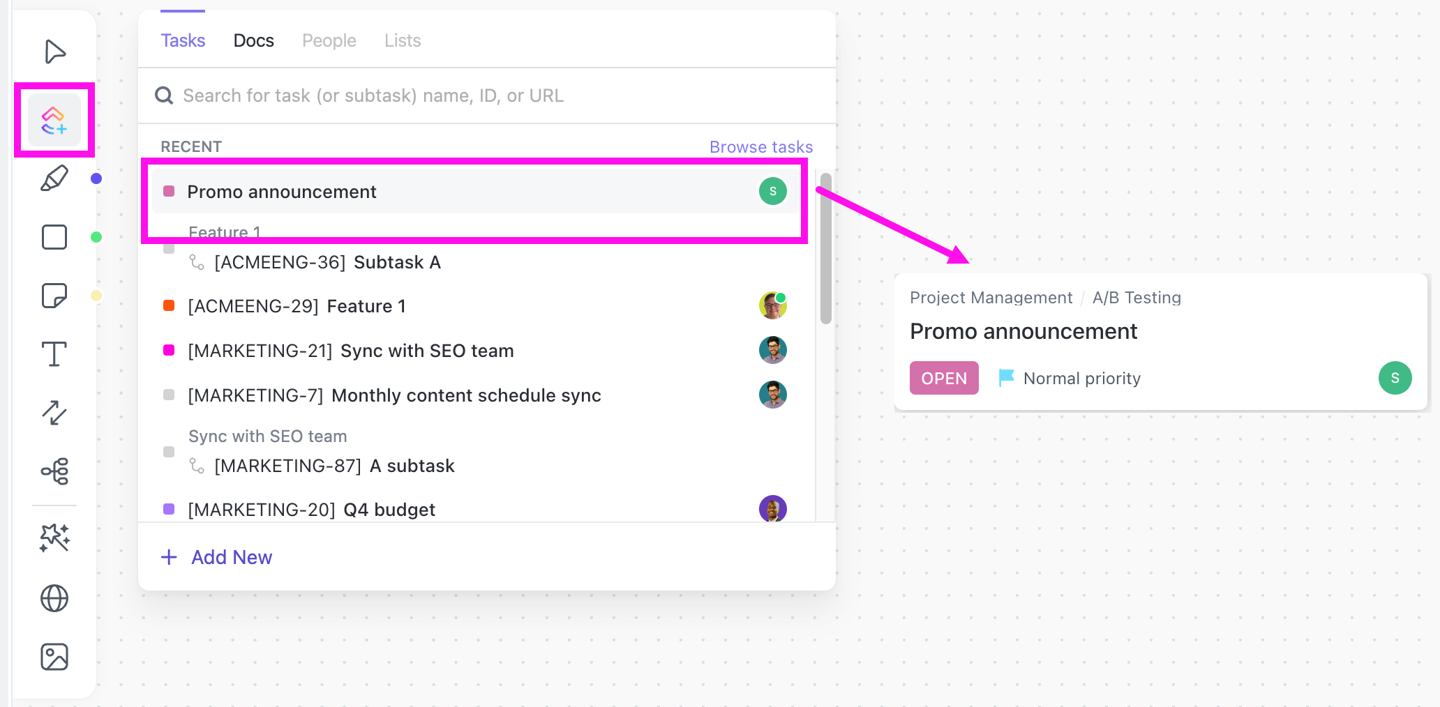 Add tasks and Docs to a Whiteboard – ClickUp Help