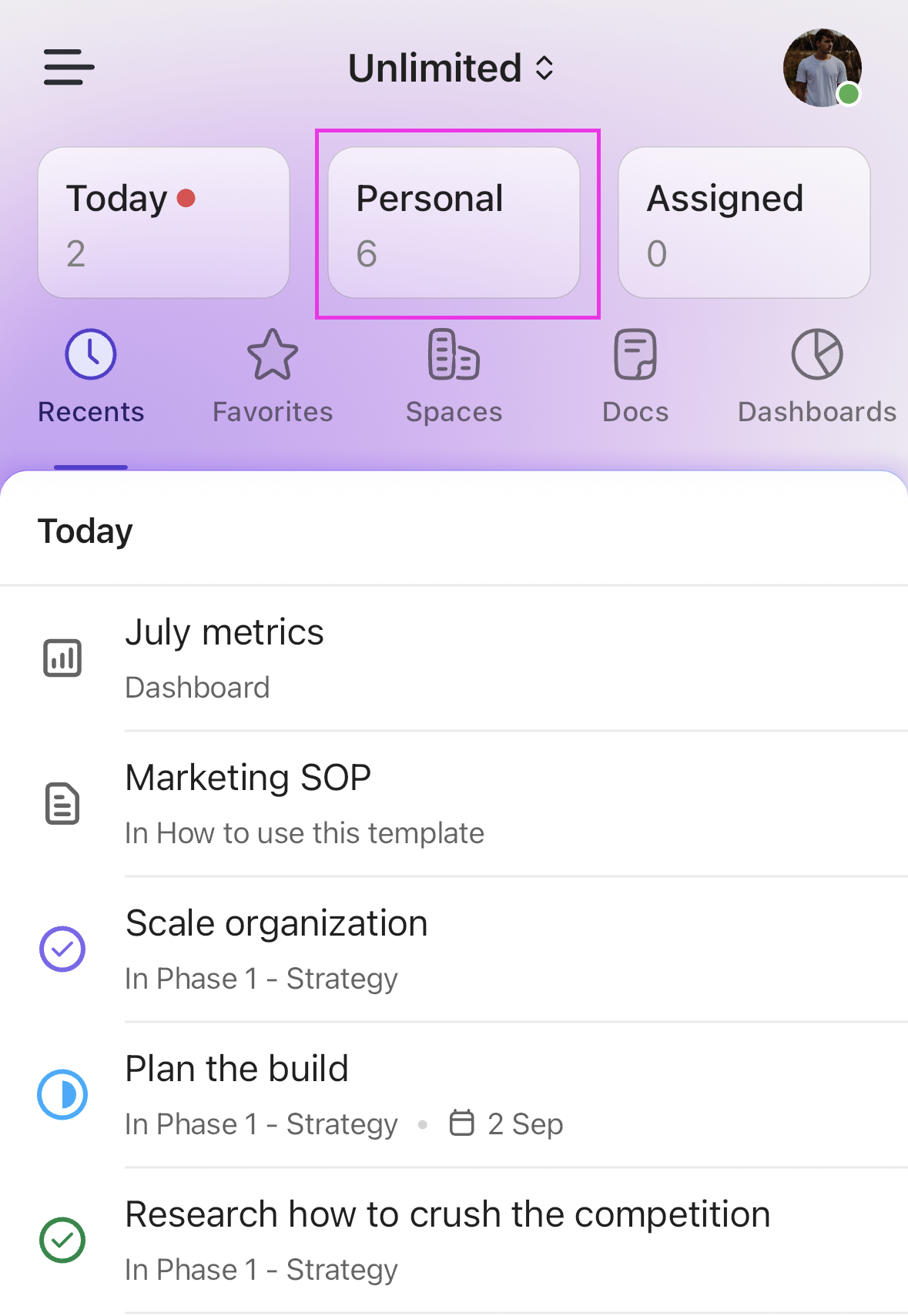 Use Personal List on mobile – ClickUp Help