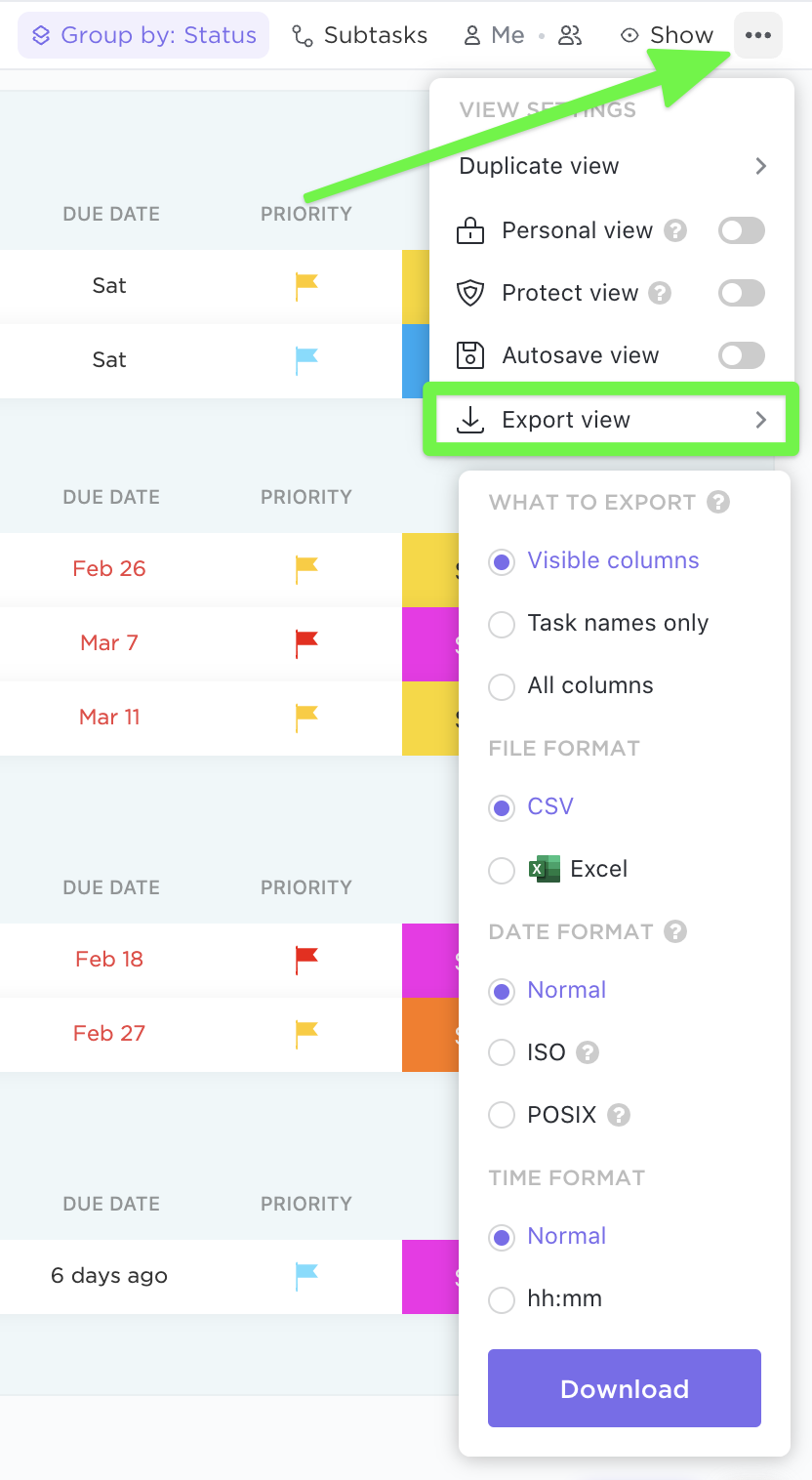 Export List and Table views – ClickUp Help